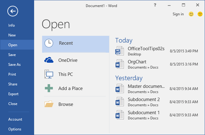 Opening Documents Microsoft Word 2016
