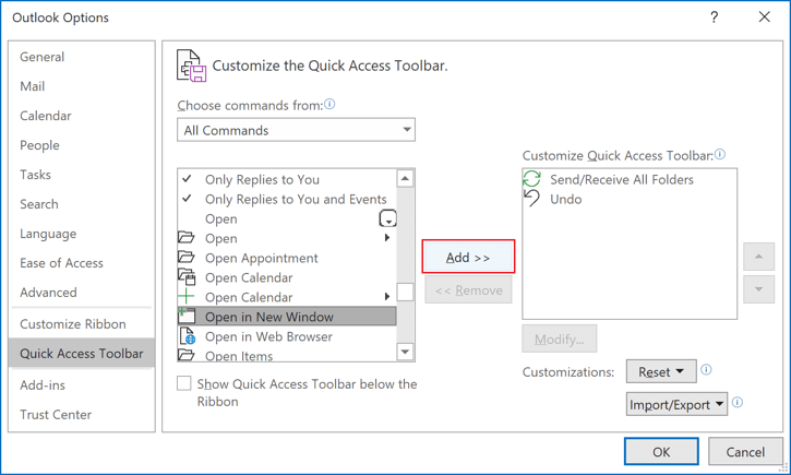 Adding Commands To The Quick Access Toolbar Microsoft Outlook 365
