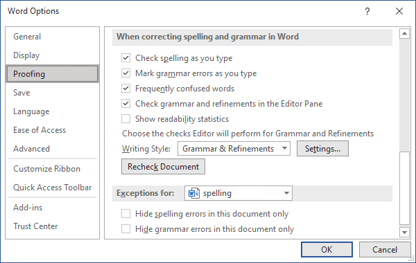 Enable disable Check Spelling As You Type Microsoft Word 365
